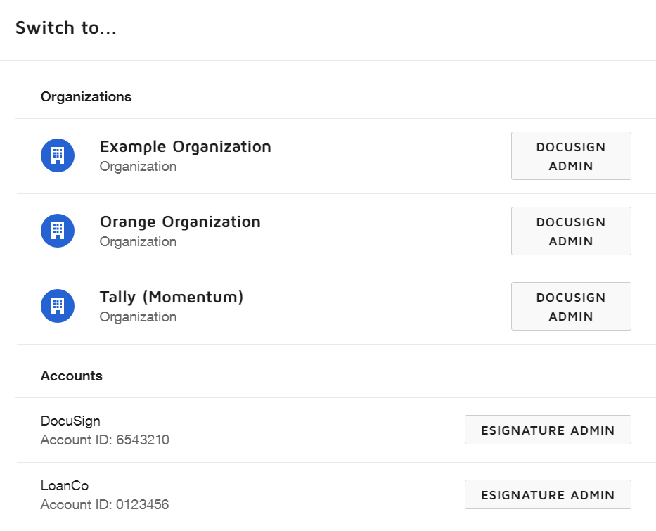 Switch to an admin account profile | DocuSign